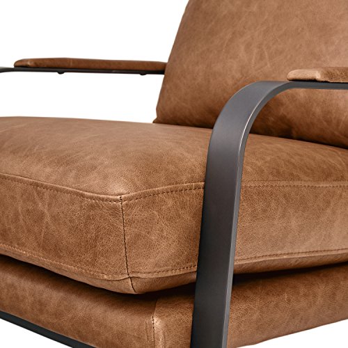 Amazon Brand – Rivet Summit Mid-Century Modern Leather Accent Chair with Steel Arms, 27"W, Cognac Brown