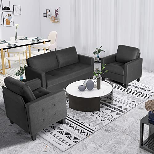 GRACFORCE Modern Living Room Furniture Sets 3 Piece, Mid Century Loveseat Sofa Sets Accent Arm Chair for Living Room w/ 2 USB, 2-Seater Small Couches for Small Spaces, Bedroom, Apartment, Dark Gray