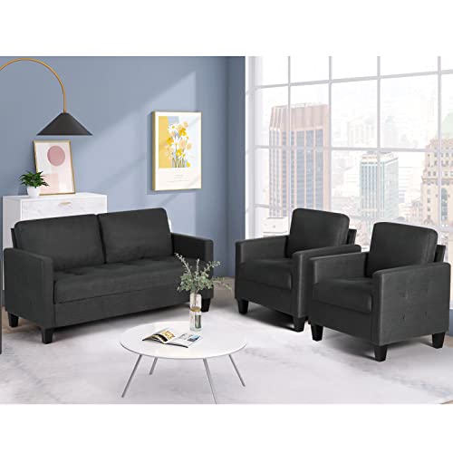 GRACFORCE Modern Living Room Furniture Sets 3 Piece, Mid Century Loveseat Sofa Sets Accent Arm Chair for Living Room w/ 2 USB, 2-Seater Small Couches for Small Spaces, Bedroom, Apartment, Dark Gray