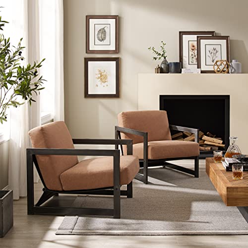 Art Leon Faux Leather Accent Chairs, Set of 2, Mid Century Modern Arm Chairs with Black Metal Frame, Single Sofa Lounge Chairs for Small Space Living Room Bedroom, Orange