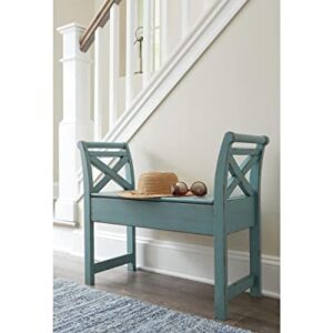 Signature Design by Ashley Heron Ridge Antique Distressed Wood Accent Bench with Storage, Blue