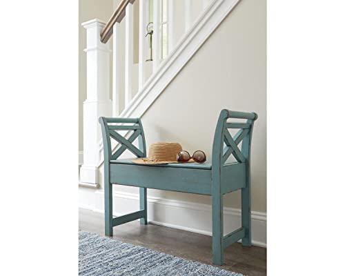 Signature Design by Ashley Heron Ridge Antique Distressed Wood Accent Bench with Storage, Blue