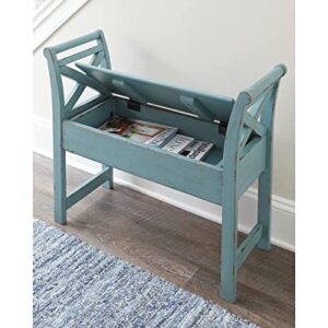 Signature Design by Ashley Heron Ridge Antique Distressed Wood Accent Bench with Storage, Blue