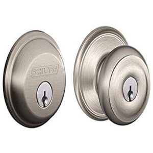 SCHLAGE Satin Nickel FB50N V GEO 619 B60 Single Cylinder Deadbolt and F51 Entry Georgian Knob Keyed Alike, Finish, Security Set