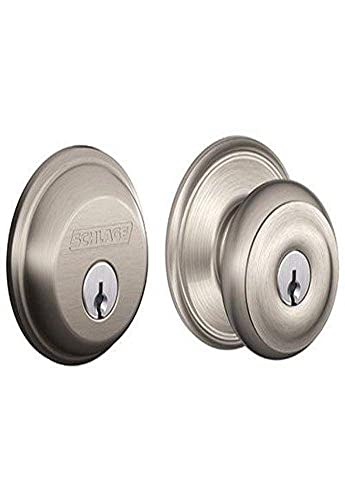 SCHLAGE Satin Nickel FB50N V GEO 619 B60 Single Cylinder Deadbolt and F51 Entry Georgian Knob Keyed Alike, Finish, Security Set