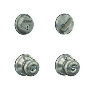 SCHLAGE Satin Nickel FB50N V GEO 619 B60 Single Cylinder Deadbolt and F51 Entry Georgian Knob Keyed Alike, Finish, Security Set