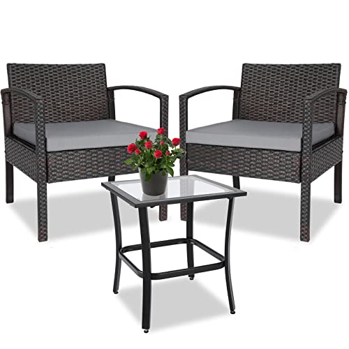 Whubefy 3 Pieces Patio Furniture Set, Rattan Wicker Bistro Set Table and 2 Chair with Washable Cushion for Garden Poolside Balcony