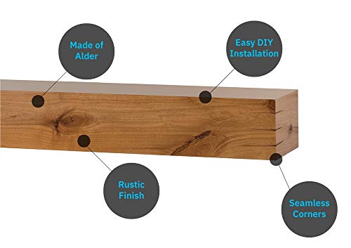 60 Inch Floating Fireplace Mantel Wood Shelf In Clear Polyurethane - Wallace From Mantels Direct | Wooden Rustic Wall Shelf | Designed and Milled in The USA | Great for Electric Fireplaces and Décor