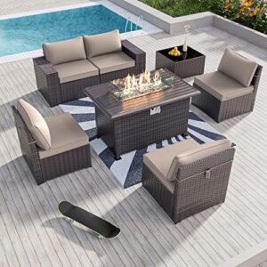 kullavik 7 pieces outdoor patio furniture set with 43″ 55000btu gas propane fire pit table pe wicker rattan sectional sofa patio conversation sets,khaki