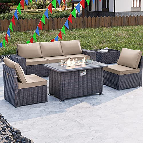 Kullavik 7 Pieces Outdoor Patio Furniture Set with 43" 55000BTU Gas Propane Fire Pit Table PE Wicker Rattan Sectional Sofa Patio Conversation Sets,Khaki