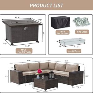 Kullavik 7 Pieces Outdoor Patio Furniture Set with 43" 55000BTU Gas Propane Fire Pit Table PE Wicker Rattan Sectional Sofa Patio Conversation Sets,Khaki