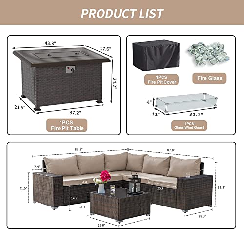 Kullavik 7 Pieces Outdoor Patio Furniture Set with 43" 55000BTU Gas Propane Fire Pit Table PE Wicker Rattan Sectional Sofa Patio Conversation Sets,Khaki