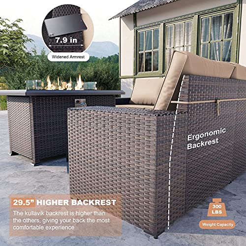 Kullavik 7 Pieces Outdoor Patio Furniture Set with 43" 55000BTU Gas Propane Fire Pit Table PE Wicker Rattan Sectional Sofa Patio Conversation Sets,Khaki