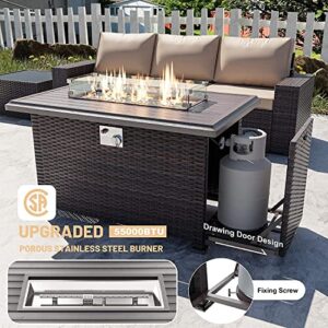 Kullavik 7 Pieces Outdoor Patio Furniture Set with 43" 55000BTU Gas Propane Fire Pit Table PE Wicker Rattan Sectional Sofa Patio Conversation Sets,Khaki