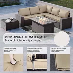 Kullavik 7 Pieces Outdoor Patio Furniture Set with 43" 55000BTU Gas Propane Fire Pit Table PE Wicker Rattan Sectional Sofa Patio Conversation Sets,Khaki