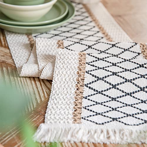 Table Runner, Boho Table Runner Cotton Linen Table Decorations, Farmhouse Table Runners with Tassels for Bohemian Wedding Bridal Shower Rustic Home Dining Table Decor (Grid-Black, 12x72)