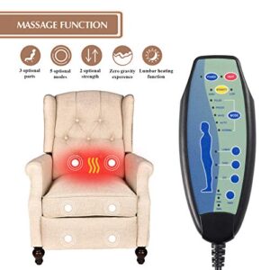 RELAXIXI Wingback Recliner Armchair, Massage Heated Recliner Chair with Remote Control, Accent Tufted Push Back Recliner (Beige)