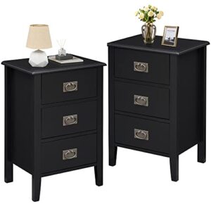 VECELO Nightstands Set of 2 End/Side Tables Living Room Bedroom Bedside, Vintage Accent Furniture Small Space, Solid Wood Legs, Three Drawers, Black