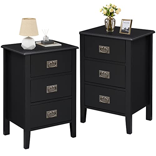 VECELO Nightstands Set of 2 End/Side Tables Living Room Bedroom Bedside, Vintage Accent Furniture Small Space, Solid Wood Legs, Three Drawers, Black