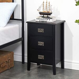 VECELO Nightstands Set of 2 End/Side Tables Living Room Bedroom Bedside, Vintage Accent Furniture Small Space, Solid Wood Legs, Three Drawers, Black