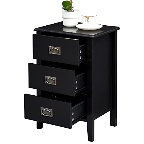 VECELO Nightstands Set of 2 End/Side Tables Living Room Bedroom Bedside, Vintage Accent Furniture Small Space, Solid Wood Legs, Three Drawers, Black