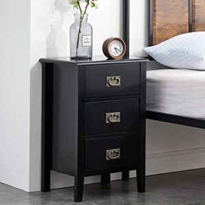 VECELO Nightstands Set of 2 End/Side Tables Living Room Bedroom Bedside, Vintage Accent Furniture Small Space, Solid Wood Legs, Three Drawers, Black