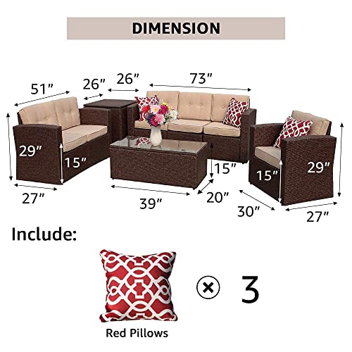 Super Patio 8 Pieces Patio Furniture Set, Outdoor Sectional Sofa, PE Wicker Patio Conversation Sets with Storage Box, Coffee Table, Three Red Pillows, Brown