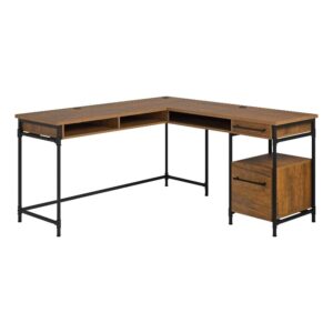 sauder iron city engineered wood l-desk in checked oak finish