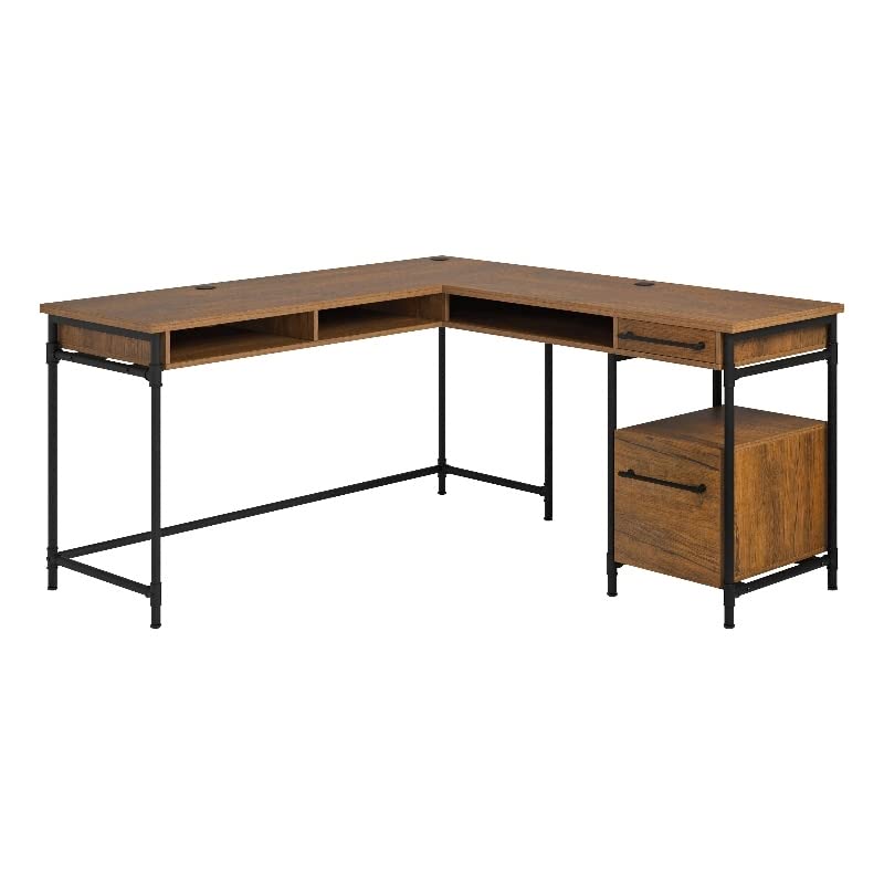 Sauder Iron City Engineered Wood L-Desk in Checked Oak Finish