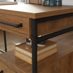 Sauder Iron City Engineered Wood L-Desk in Checked Oak Finish