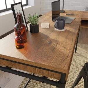 Sauder Iron City Engineered Wood L-Desk in Checked Oak Finish