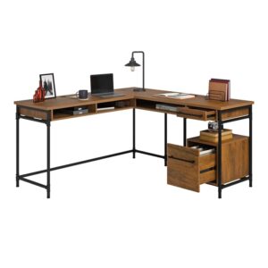 Sauder Iron City Engineered Wood L-Desk in Checked Oak Finish