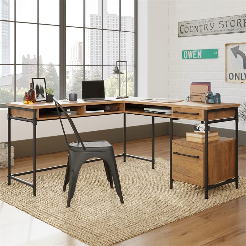 Sauder Iron City Engineered Wood L-Desk in Checked Oak Finish