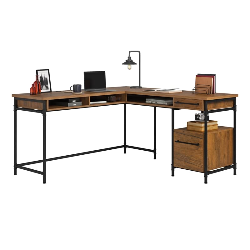 Sauder Iron City Engineered Wood L-Desk in Checked Oak Finish