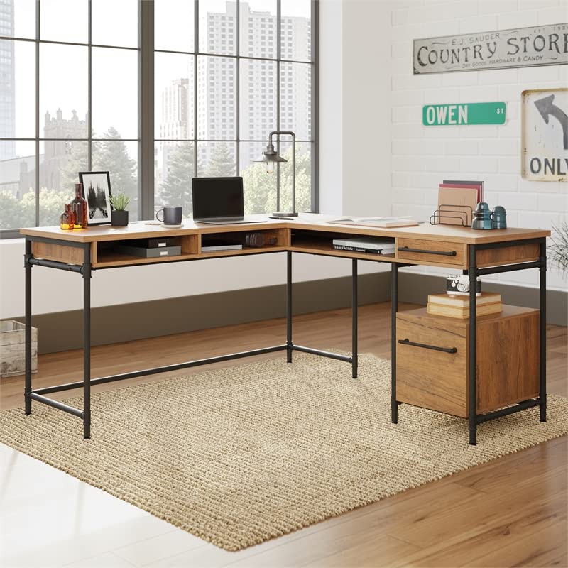 Sauder Iron City Engineered Wood L-Desk in Checked Oak Finish