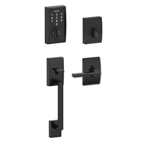 schlage touch fe375-cen-622-lat matte black keyless touchscreen deadbolt with century trim paired with century handleset and latitude lever with century trim entry door handleset