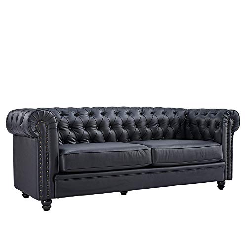 TOOMOO Mid-Century Chesterfield Leather Sofa - Upholstered Sofa Couch with Wood Legs, Button-Tufted for Living Room Bedroom Office (Black)