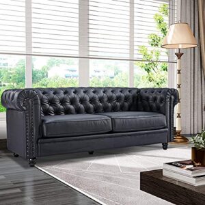 TOOMOO Mid-Century Chesterfield Leather Sofa - Upholstered Sofa Couch with Wood Legs, Button-Tufted for Living Room Bedroom Office (Black)