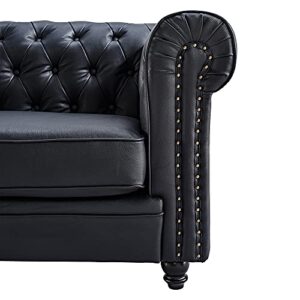 TOOMOO Mid-Century Chesterfield Leather Sofa - Upholstered Sofa Couch with Wood Legs, Button-Tufted for Living Room Bedroom Office (Black)