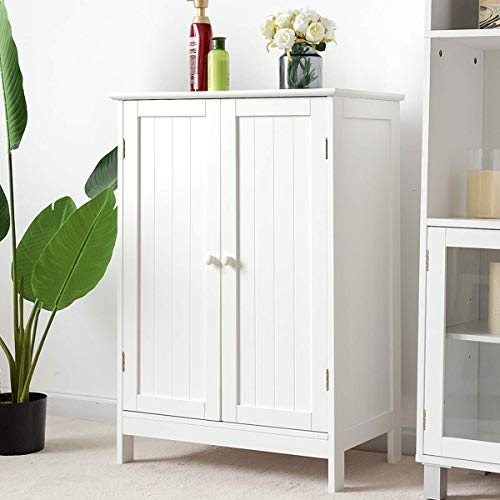 Tangkula Bathroom Floor Cabinet, Freestanding Storage Cabinet with Double Doors and Shelf, Modern Home Furniture, Wooden Home Organizer for Living Room, Bathroom Storage Cabinet, White