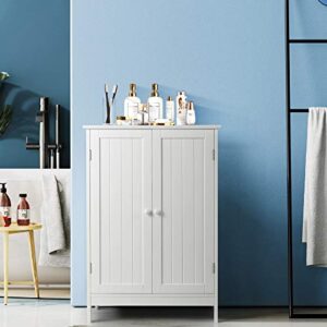 Tangkula Bathroom Floor Cabinet, Freestanding Storage Cabinet with Double Doors and Shelf, Modern Home Furniture, Wooden Home Organizer for Living Room, Bathroom Storage Cabinet, White