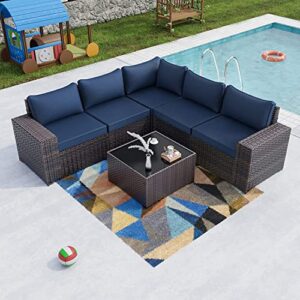 kullavik outdoor patio furniture set 6 pieces sectional rattan sofa set brown pe rattan wicker patio conversation set with 5 navy blue seat cushions and 1 tempered glass table