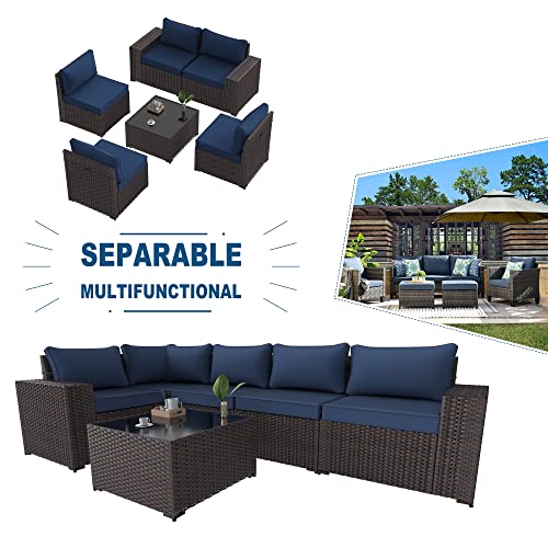 Kullavik Outdoor Patio Furniture Set 6 Pieces Sectional Rattan Sofa Set Brown PE Rattan Wicker Patio Conversation Set with 5 Navy Blue Seat Cushions and 1 Tempered Glass Table