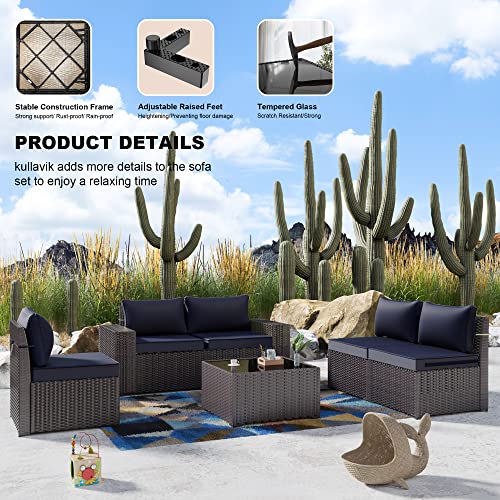 Kullavik Outdoor Patio Furniture Set 6 Pieces Sectional Rattan Sofa Set Brown PE Rattan Wicker Patio Conversation Set with 5 Navy Blue Seat Cushions and 1 Tempered Glass Table