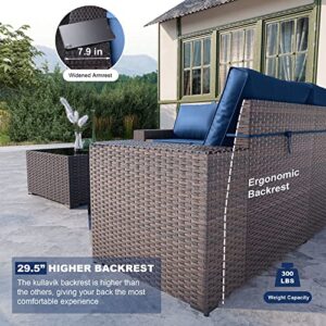 Kullavik Outdoor Patio Furniture Set 6 Pieces Sectional Rattan Sofa Set Brown PE Rattan Wicker Patio Conversation Set with 5 Navy Blue Seat Cushions and 1 Tempered Glass Table