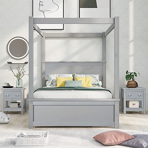 Bellemave Full Size Wood Canopy Bed with Trundle and Two Nightstands, 4-Post Platform Frame Headboard, 3 Pieces Bedroom Set (Brushed Gray) Full Canopy Bed+2 Nightstands