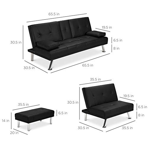 Best Choice Products Faux Leather Upholstery 3-Piece Modular Modern Living Room Sofa Sectional Furniture Set w/Convertible Single & Double Seat Futon Beds, Ottoman, Reclining Backrests - Black