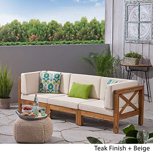 Great Deal Furniture Keith Outdoor Sectional Sofa Set | 3-Seater | Acacia Wood | Water-Resistant Cushions | Teak and Beige