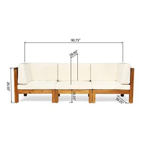 Great Deal Furniture Keith Outdoor Sectional Sofa Set | 3-Seater | Acacia Wood | Water-Resistant Cushions | Teak and Beige