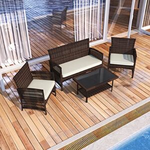 IDS Online MLM-16403-W 1 Loveseat 2 Single Chairs Cushion, Leisure Glass Top Coffee Table for Garden Lawn Poolside Backyard 4 Piece Rattan Pattio Outdoor Furniture Wicker Conversation Set, Brown-White